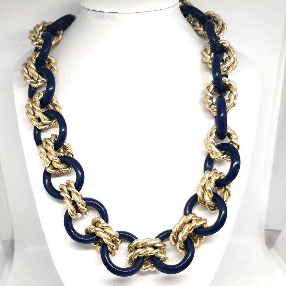 Jewelry | Vintage Necklace Chunky 8s90s Navy Blue Gold Tone Plastic ...